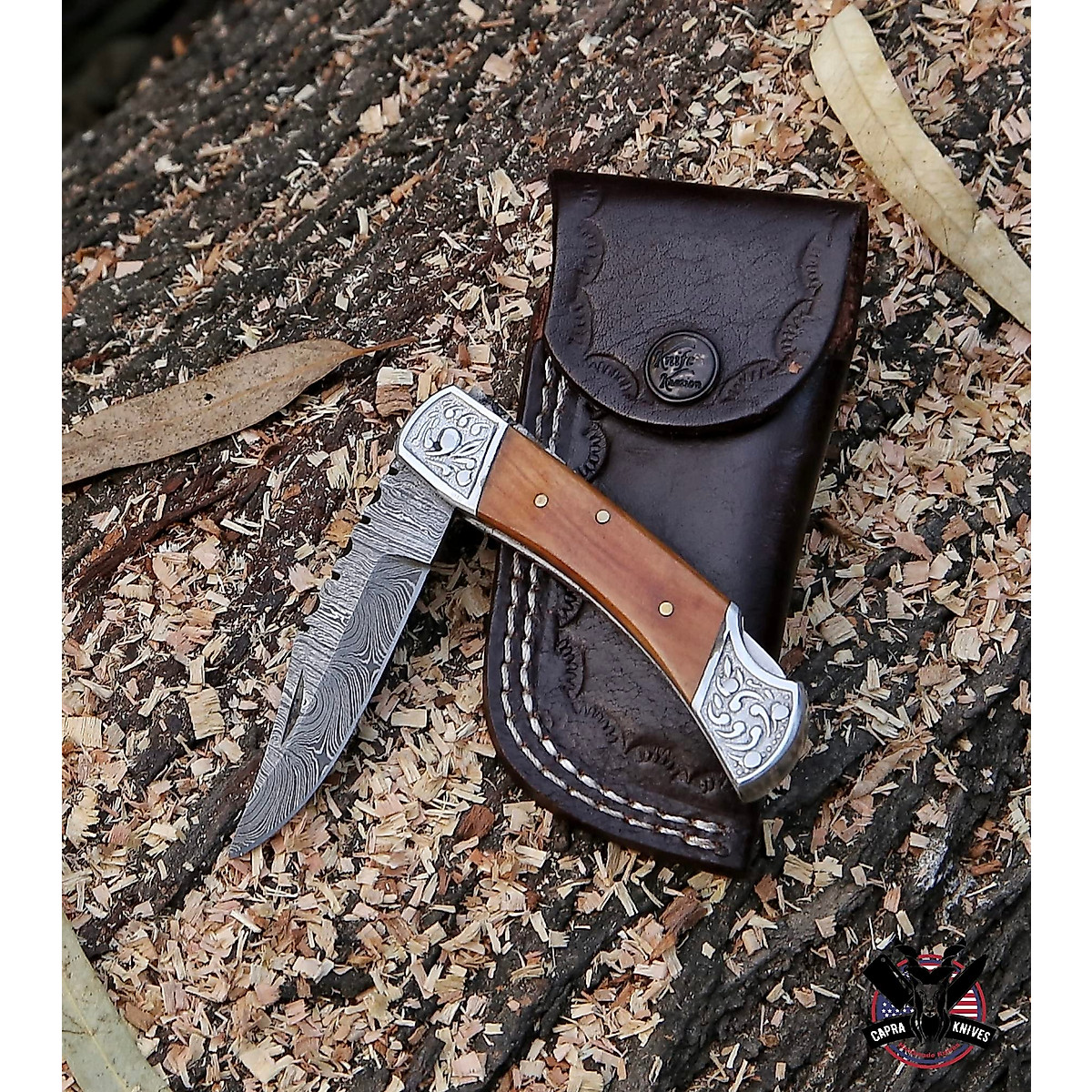 Capra Knives CK-52 Handcrafted Folding Engraved Brass Pocket Knife 4” Folded, 7.25” Long Overall, 4.5oz Olive Wood Handle, Damascus Blade with Leather Sheath