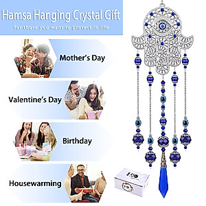Crystal Prism Suncatcher Ornament with Hamsa Fatima Hand Protection Charm Turkish Greek Blue Evil Eye Sapphire Crystals Beads for Window Hanging Decoration