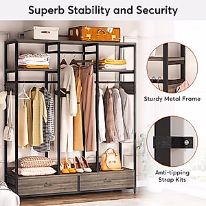 Tribesigns Freestanding Closet Organizer with 2 Drawers, Heavy Duty Garment Rack with Shelves and 6 Hooks, Wardrobe Closet Clothes Rack for Hanging Clothes, Clothing Storage for Bedroom, Gray