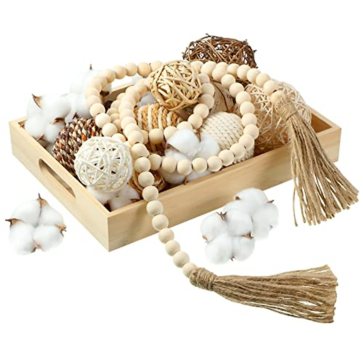 20 Pieces Decorative Balls for Bowls, Assorted Decorative Balls Set, Bowl Decorative Filler and 58 Inches Wood Bead Garland with Tassels for Vase Bowl Filler Table Decoration
