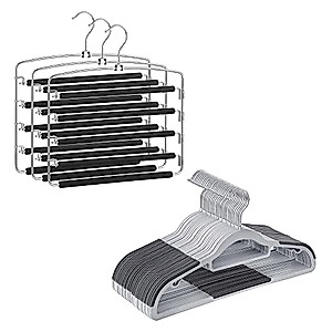 SONGMICS 30-Pack Hangers and Set of 3 Pants Hangers Bundle, Non-Slip Hangers, 5-Tier Pants Organizers, for Shirts, Suits, Ties, Light and Dark Gray, Silver and Black UCRP20G30 and UCRI041BK
