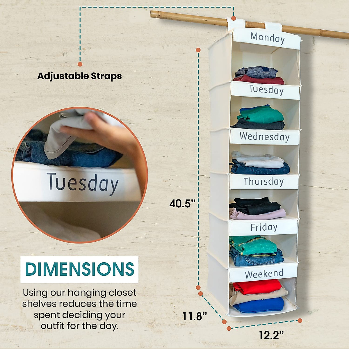 Super Heavy Duty Kids Closet Organizers and Storage | Linen Weekly Clothes Organizer for Kids with 6 Shelves | Hanging Clothes Organizer | Kids Clothes Rack w/Velcro