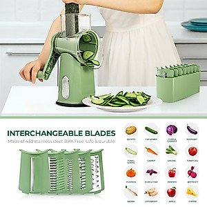 SUSTEAS Rotary Cheese Grater with Handle - Vegetable Shredder with 5 Well-designed Blades & Strong Suction Base,Round Mandoline Slicer & Food Chopper for Kitchen,with Blade Storage Box(Retro Green)