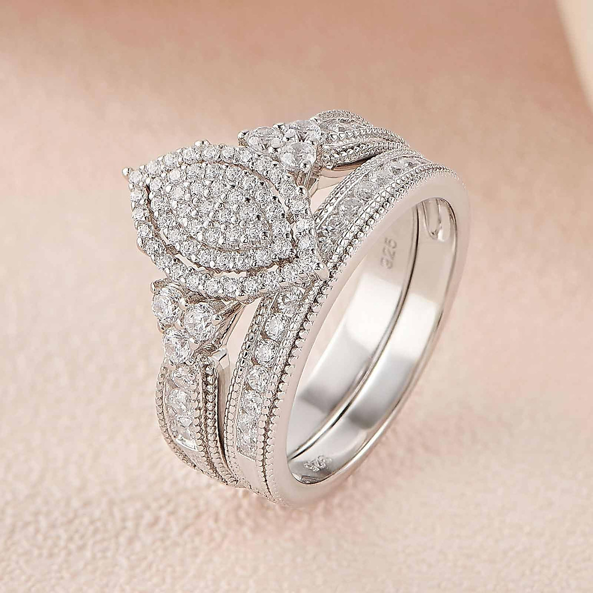 SHELOVES Marquise Shape Vintage Engagement Wedding Rings Set White Round CZ 925 Sterling Silver Sz 8