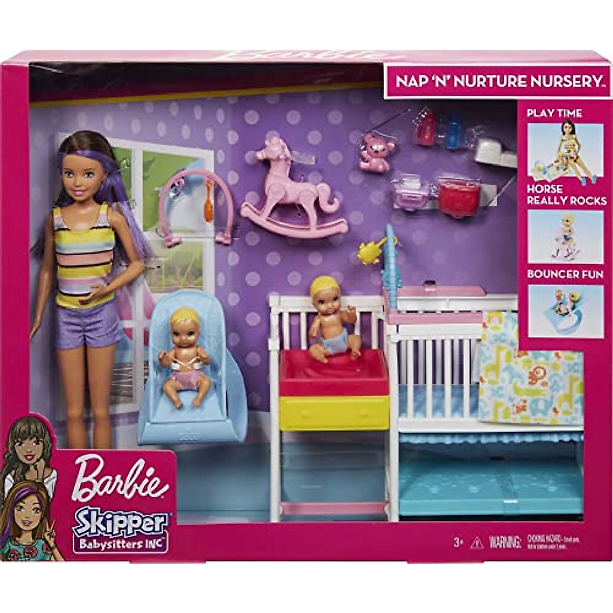 Barbie Skipper Babysitters Inc Dolls & Playset, Nap 'N Nurture Nursery, Skipper Doll, Baby Doll, Crib & 10+ Accessories, Working Bouncer