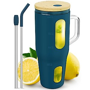fullstar Glass Cups with Lids and Straws - Drinking Glasses, Glass Tumbler with Straw and Lid, Iced Coffee Cups, Glass Coffee Cups with Bamboo Lids (Dark Teal, 1 Pack)