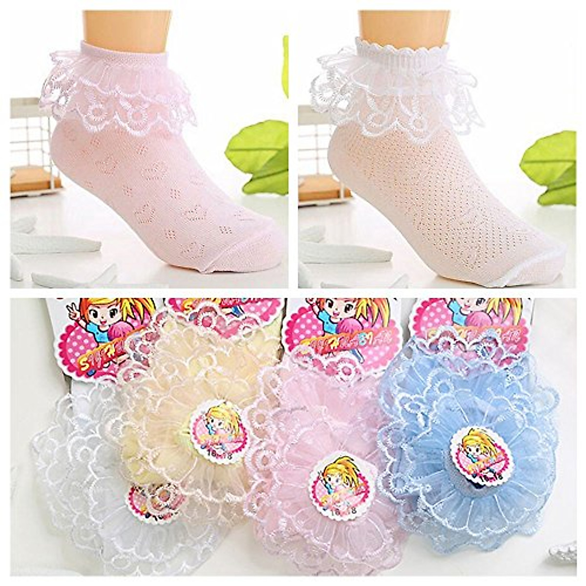 Baby Girl Lace Socks, Eyelet Frilly Lace Socks Cotton Ankle Socks for Toddler, Pack of 4 Pair