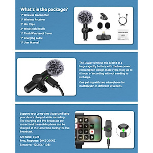 PUSEALON Wireless Lavalier Microphone for iPhone iPad, Professional Tiny Omnidirectional Cordless Lapel Microphone Wireless for iPhone Recording YouTube Interview TikTok Podcast