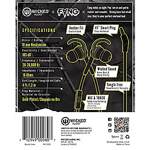Wicked Audio Fang — Earbud Headphones for Exercise — Sweat Resistant Wired Headphones with Microphone and Track Control, Tangle-Free Cord and Smart Plug — Black/Lime