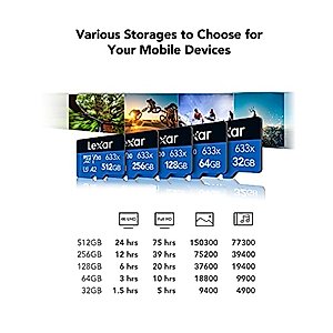 Lexar High-Performance 633x 512GB microSDXC UHS-I Card w/ SD Adapter, Up To 100MB/s Read, for Smartphones, Tablets, and Action Cameras (LSDMI512BBNL633A)