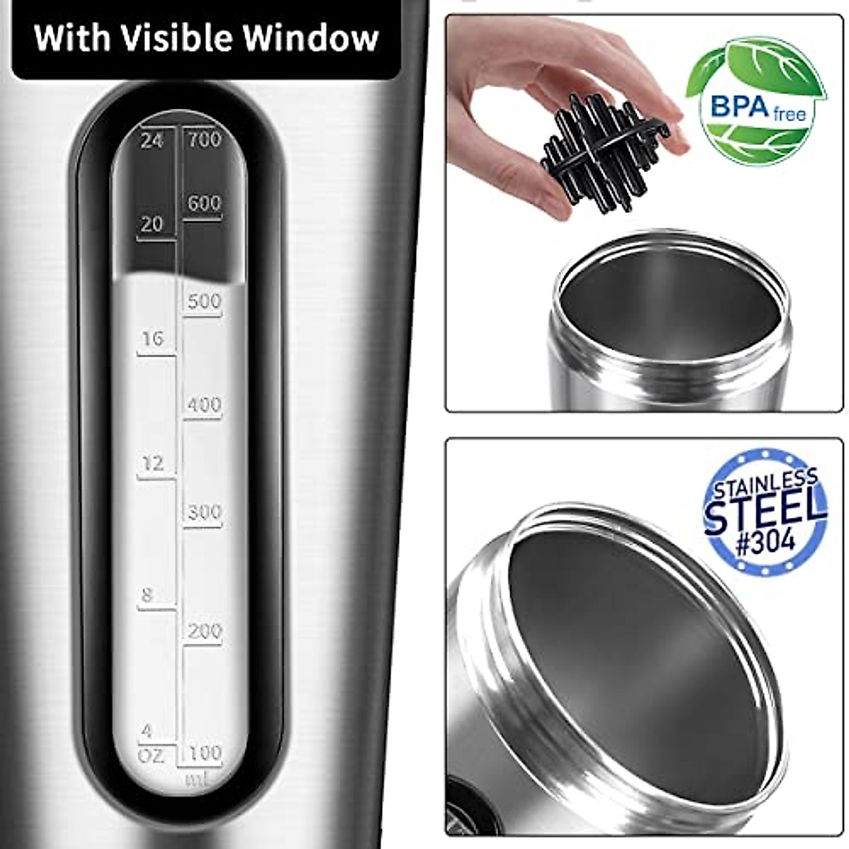 Jeedoo Protein Shaker Bottle, 28oz Shaker Bottles for Protein Mixes and Pre Workout, Visible Window, Stainless Steel Shaker Bottle Leak Proof (silver)