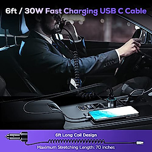 USB C Car Charger, 75W Metal 3-Port Super Fast Car Charger Adapter PD & QC3.0 Built-in 6ft Type C Coiled Cable for Samsung Galaxy S22/21 iPhone iPad Pro Pixel Android Phones