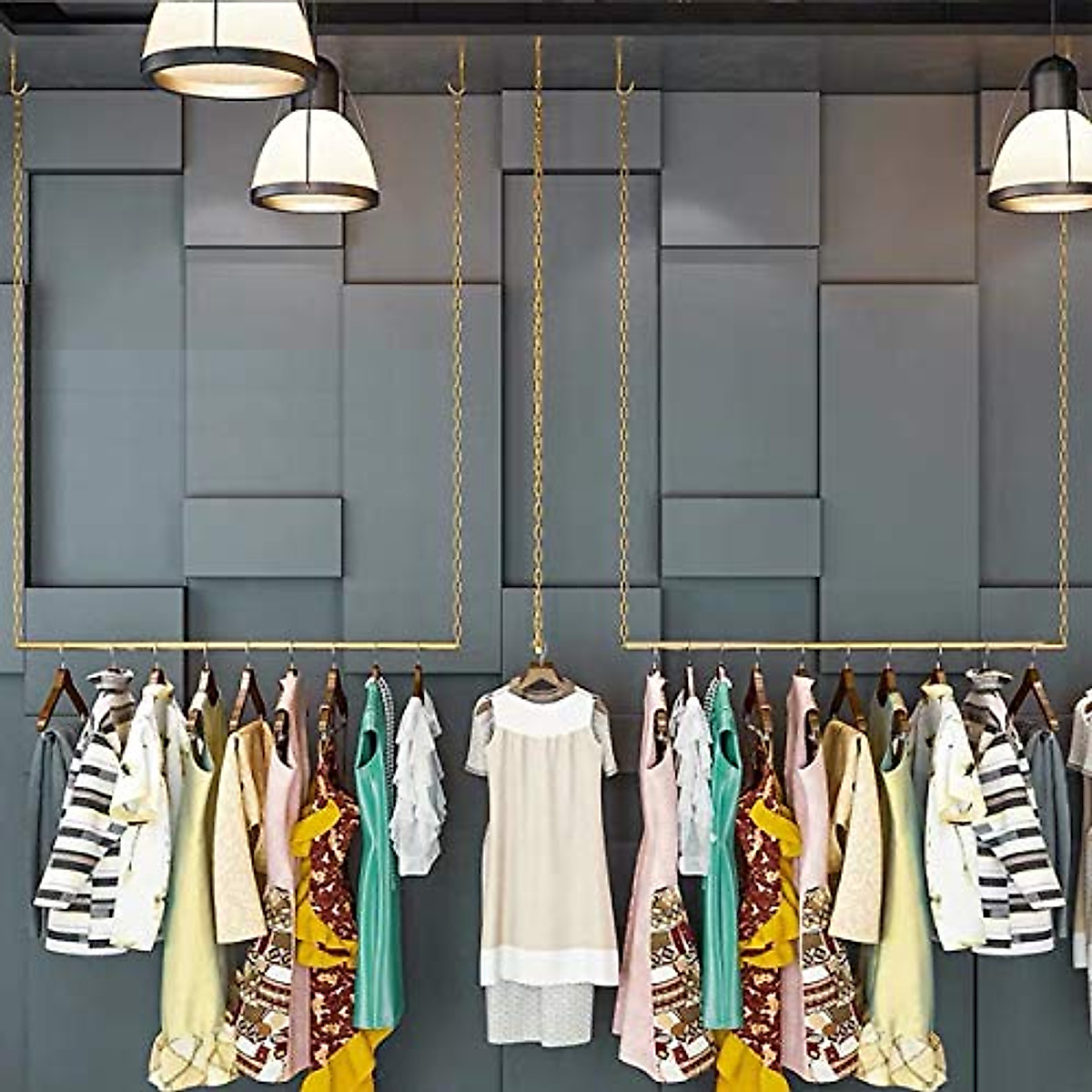 FURVOKIA 2 Pcs Creative Height Adjustable Metal Chain Clothing Hanging Racks,Commercial Wedding Dress Display Shelf,Retail Store Garment Rack,Ceiling Mount Clothes Storage Hanger (Gold, 47.2 L)