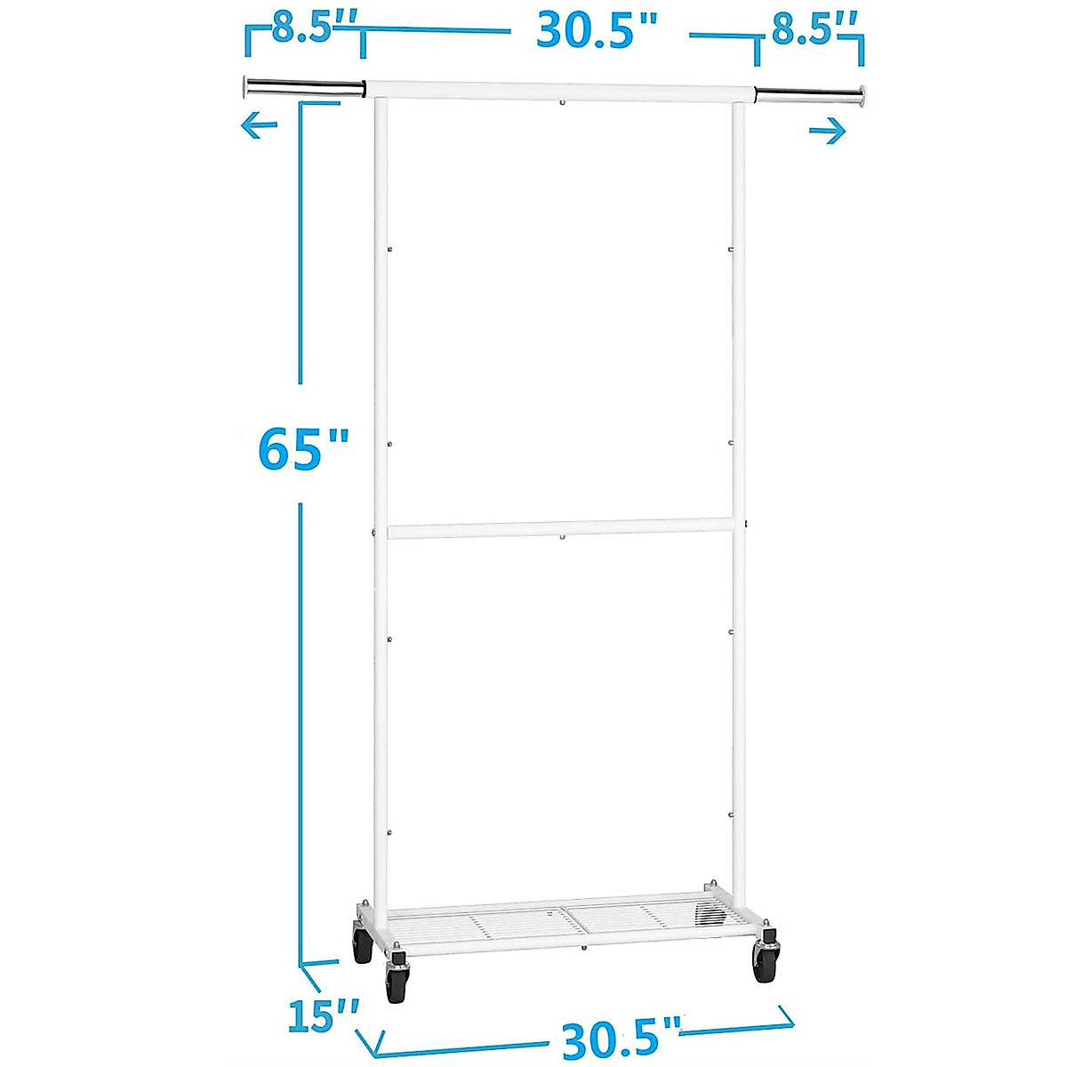 Simple Trending Standard Clothing Garment Rack, Rolling Clothes Organizer with Wheels and Bottom Shelves, Extendable, White