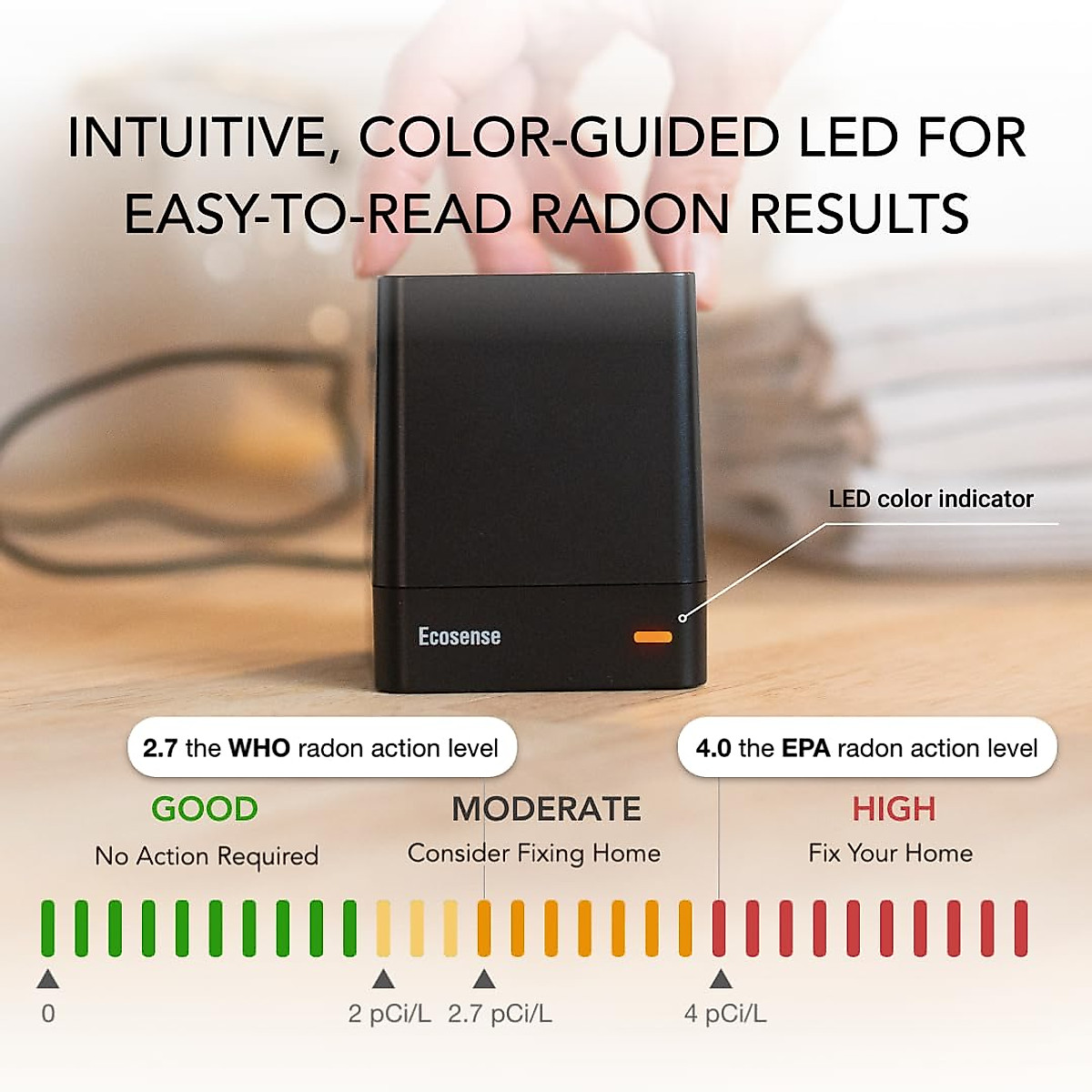 Ecosense EQ100 EcoQube, Smart Continuous Radon Detector for Home, Easy to Use, Accurate, Wi-Fi, USA Version pCi/L