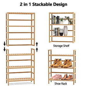 VASMIA Bookshelf,6 Tier Bamboo Adjustable Bookshelves,Tall Bookcase Shelf Storage Organizer,Free Standing Storage Shelving Unit for Living Room,Bedroom,Bathrrom and Home Office,Natural