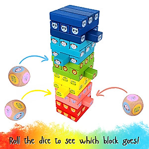 LMC Products Stacking Tower Game - Dice & Stacking Cards Animal Edition - Mini Colorful Blocks - Multiple Ways to Play Family Game Night - Games for Kids and Adults