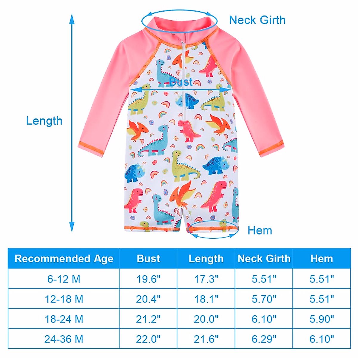 TUPOMAS Baby Girls Swimsuit Long Sleeve Dinosaur Bathing Suit Sun Protect Rashguard One Piece Swimwear 12-18 Months