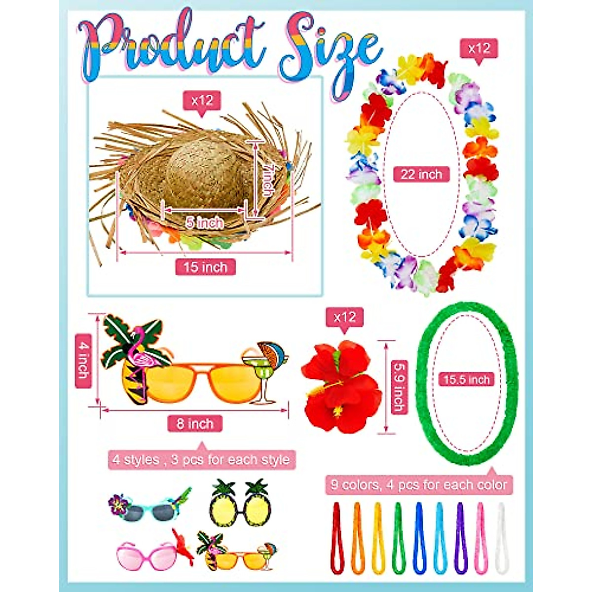 SATINIOR 84 Pieces Hawaiian Luau Party Accessories Hawaiian Leis Bulk Beachcomber Straw Hat Luau Party Sunglasses Tropical Flower Hair Clips and Plastic Leis Set for Summer Beach Costume Supplies