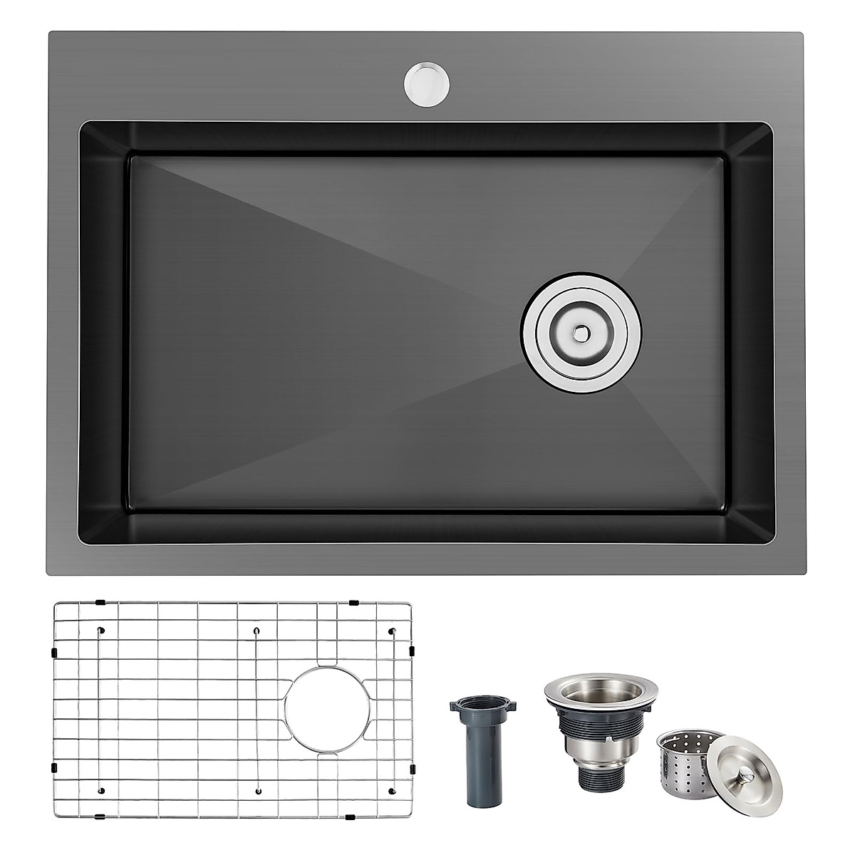 OUGOO Kitchen Sink, 22 x 18 Drop in Sink, 9" Deep Single Bowl Kitchen Sinks, 304 Stainless Steel Topmount Kitchen Sink with Strainer & Bottom Grid, Black