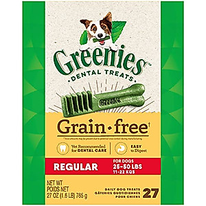 GREENIES Grain Free Regular Natural Dog Dental Care Chews Oral Health Dog Treats, 27 oz. Pack (27 Treats)