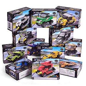FUN LITTLE TOYS 12 Boxes Race Car Mini Building Blocks Party Favors for Kids 8-12, Car Building Kit Prize Box Toys for Kids Classroom