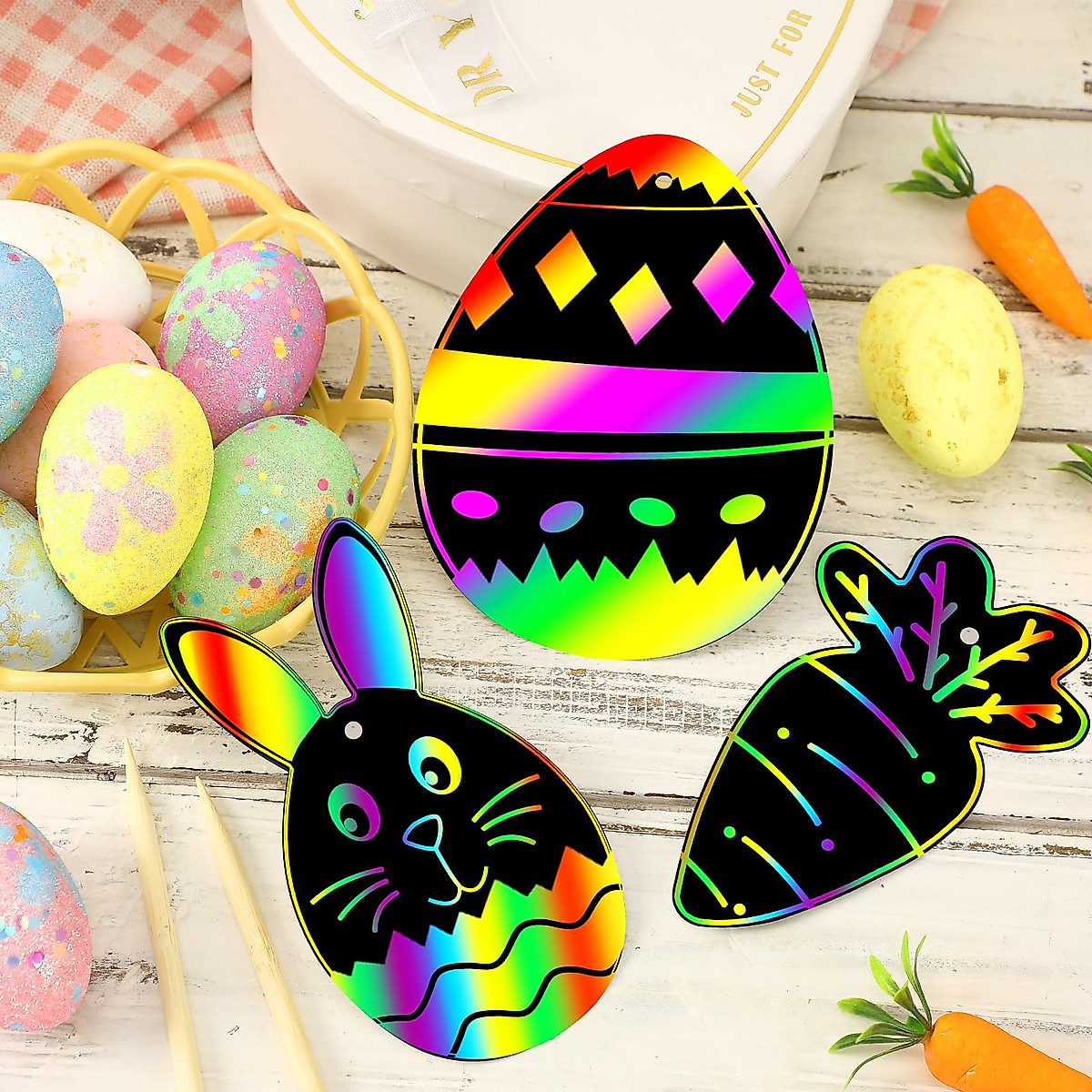 JULMELON Easter Crafts for Kids, 36 Pack Magic Rainbow Scratch Paper Kit Cute Bunny Scratch Art for Kids Easter Party Favors Gifts Egg Basket Stuffers
