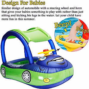 iGeeKid Inflatable Baby Pool Float with Canopy, Safty Seat for Infant Baby Swim Float Rings Car Shaped Swimming Pool Floaties for Baby Toddler Age of 6-36 Months (Blue)