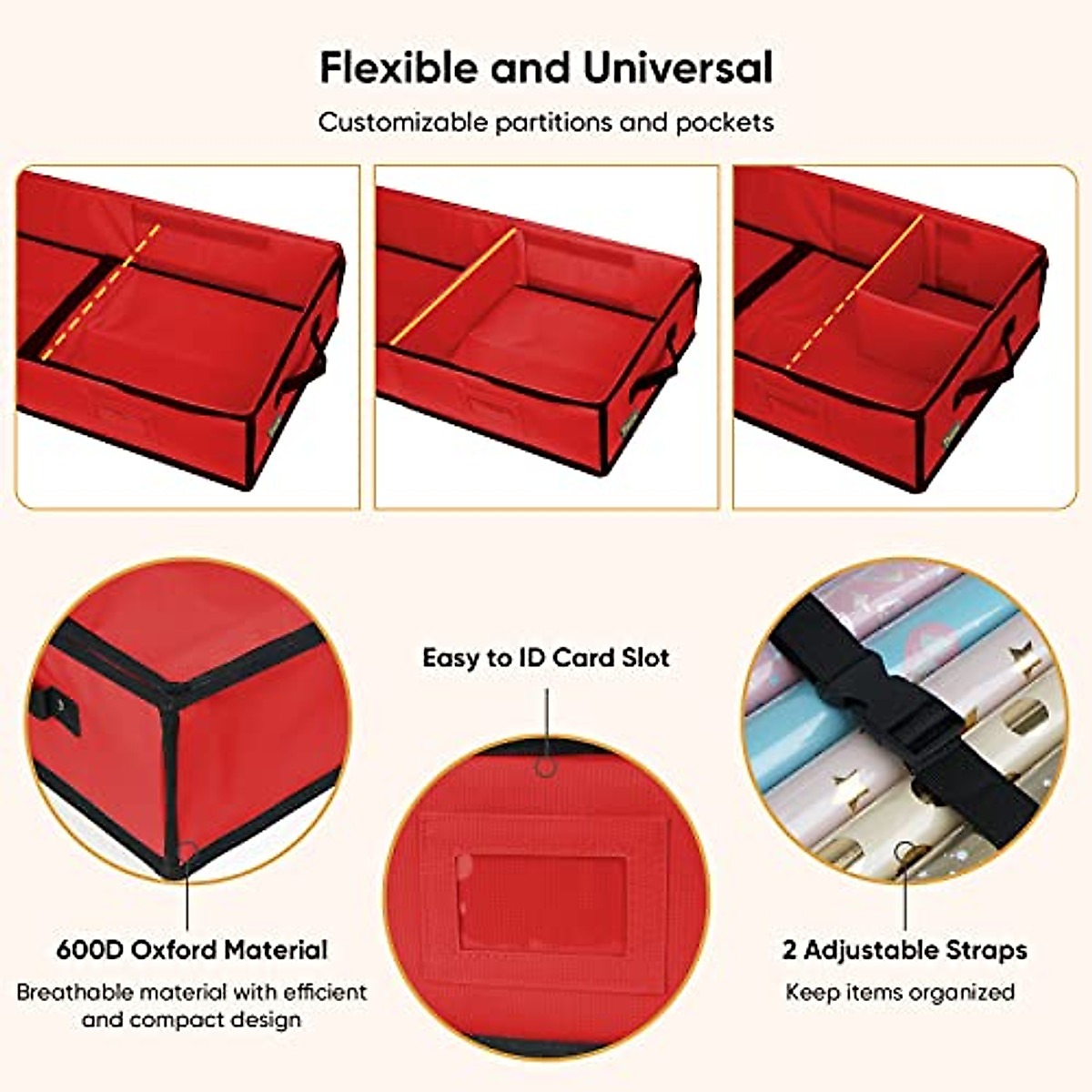 BALEINE Christmas Wrapping Paper Storage Organizer with Flexible Partitions and Pockets, 40" Durable 600D Oxford Fabric Gift Wrap Storage Bag Fits Ribbon, Ornaments, Holiday Accessories (Red)