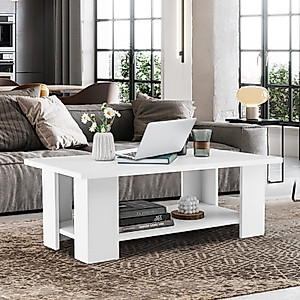 Tangkula 2-Tier Coffee Table, Modern Rectangular Center Cocktail Table with 5 Support Legs, Wooden Accent Living Room Furniture, Small Coffee Table for Small Spaces, Easy Assembly (White)