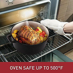 DishDelight 2-in-1 Pre-Seasoned Enameled Cast Iron Dutch Oven Pot with Lid and Dual Handles, Cast Iron Skillet Cookware Pan Set with Skillet Lid Cooking Pan, Dutch Oven for Bread Baking, 5QT, Black