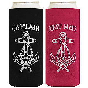 Captain First Mate Can Coolers Nautical Sailing Couples Gift 2 Pack Ultra Slim Can Coolie Energy Drink Coolers Black Magenta