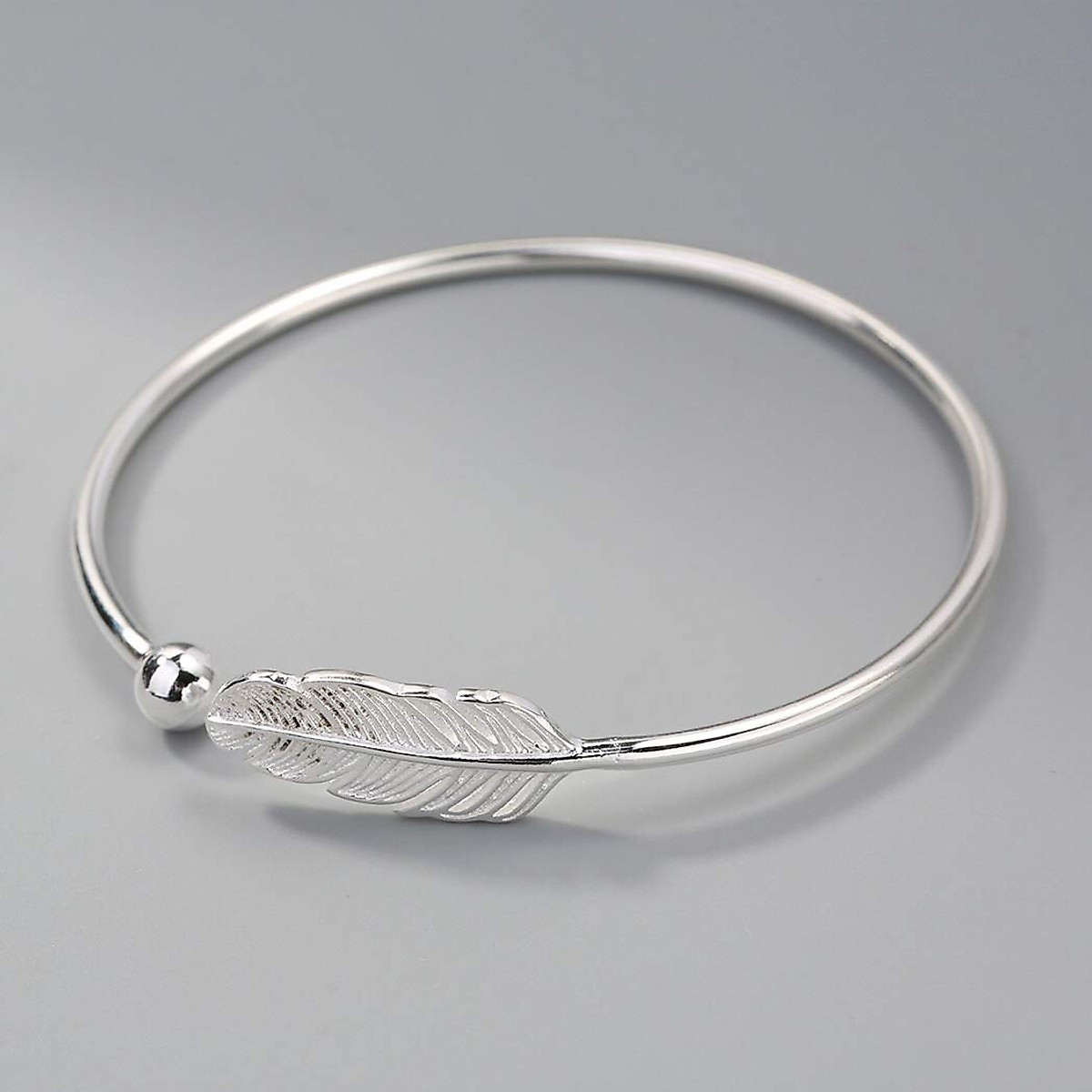AILUOR 925 Silver Leaf Feather Bangle Bracelet Bohemian style Fashion Charms Bracelets Jewelry Cuff Women Adjustable (Silver)