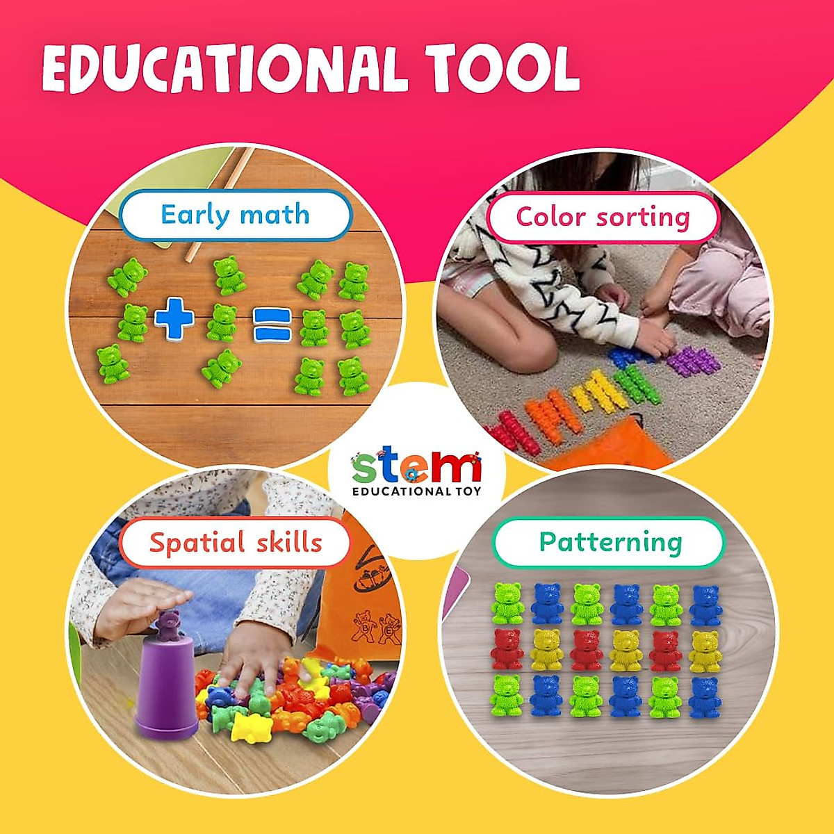 Skoolzy Rainbow Stacking Bears with Matching Sorting Cups 69 Piece Set, 60 Bear counters, Scissor Tongs, Rainbow Cups, Storage Bag, Sorting dice Game