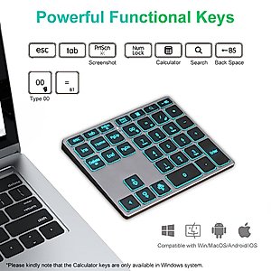 LINKEET Tri-Mode Aluminum Numpad 7-Color Backlit Bluetooth 5.0/Wired USB-C/2.4G Wireless Number Pad Slim 35-Key Rechargeable Numeric Keypad External Keyboard Num Pad for Laptop, Mac - Black Grey