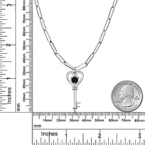 Gem Stone King 0.48 Ct Round Black Onyx 925 Sterling Silver Heart Key Pendant with 3.25mm Paperclip Link Chain 18 inch with 2 inch Extender