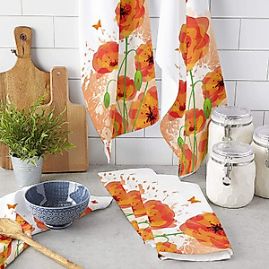 Kitchen Dish Towels 2 Pack-Super Absorbent Soft Microfiber,Orange Poppy Flower Poppy Cleaning Dishcloth Hand Towels Tea Towels for Kitchen Bathroom Bar