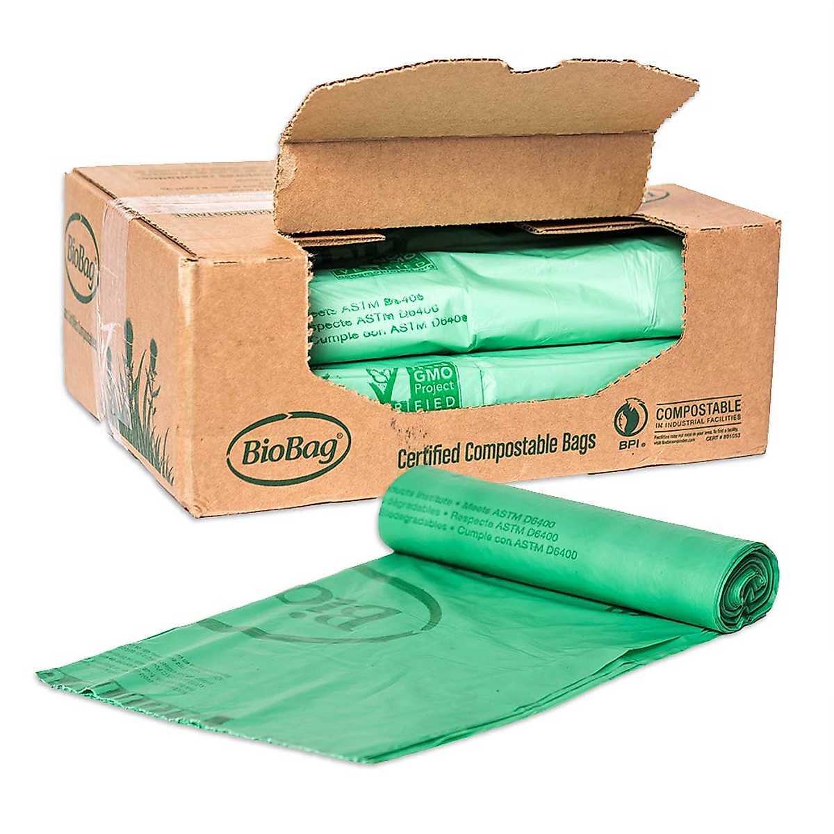 BioBag (USA) The Original Compostable Bag, 48 Gallon, 80 Count, 100% Certified Compostable Trash Bag Liners for Food Waste, Extra Strong and Durable, Trash Bag