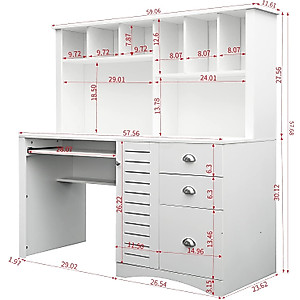 JOYSOURCE 59" Computer Desk with Hutch, 2-Tier Shelves, Keyboard Tray, 3 Drawers, White - Large Home Office Desk for Gaming, Writing, Study Workstation
