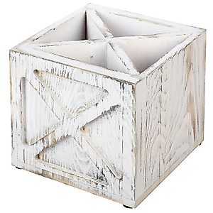 MyGift Whitewashed Solid Wood Kitchen Utensil Holder Crock Countertop Storage Organizer with 4 Compartments, Rustic Farmhouse Flatware Silverware Buffet Caddy