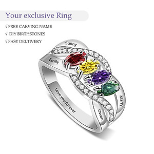 BAUMA AUTO Mothers Ring Personalized Mothers Rings with 4 Simulated Birthstones for Grandmother Mother Meaningful Anniversary Rings for Women Wife