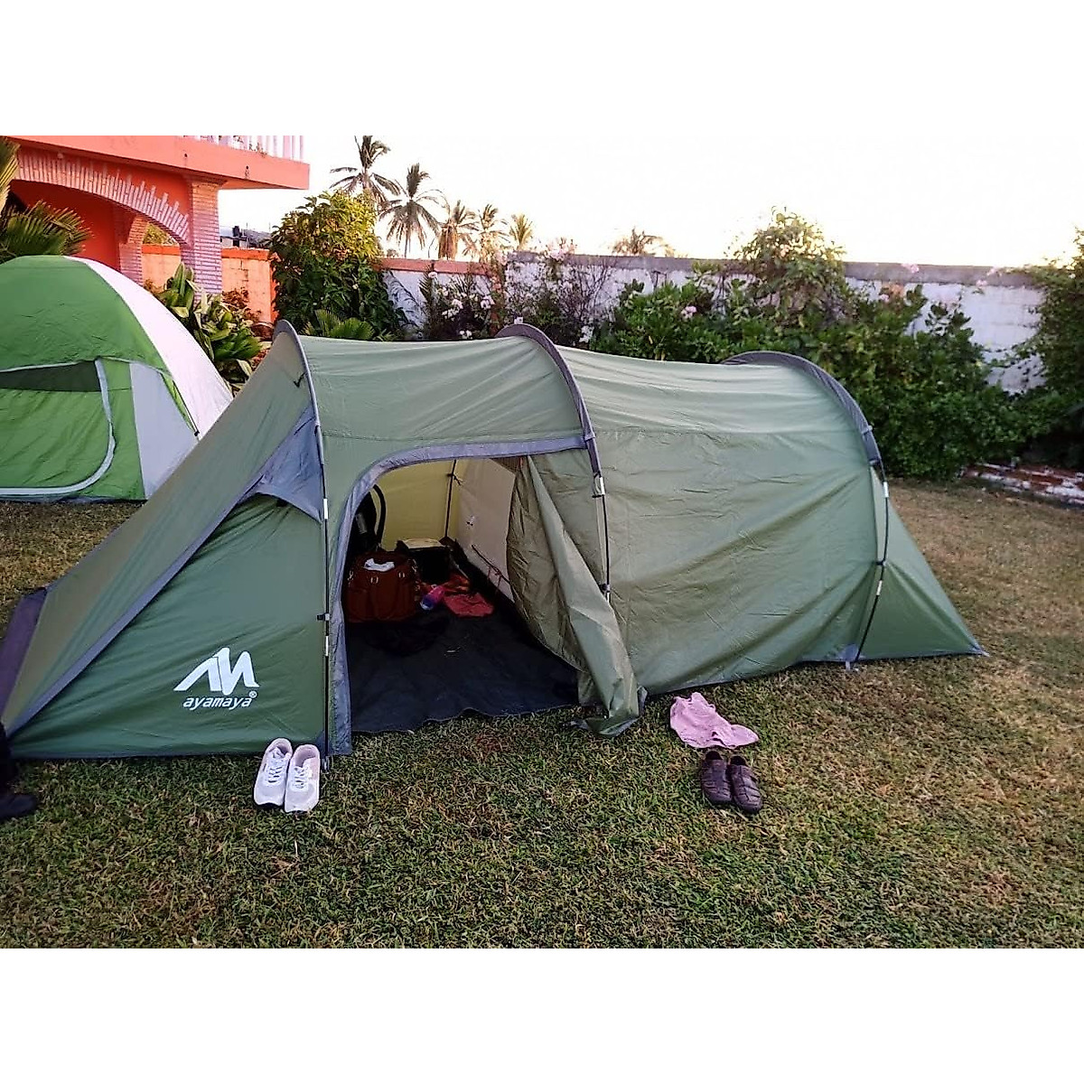 4 Person Tents for Camping, Ayamaya Tunnel Tent Camping with Vestibule 3-4 Person Waterproof, 2 Devided Rooms Bicycle Tent with Footprint for Bikepacking/Motorcycle Travel Hiking Mountaineering