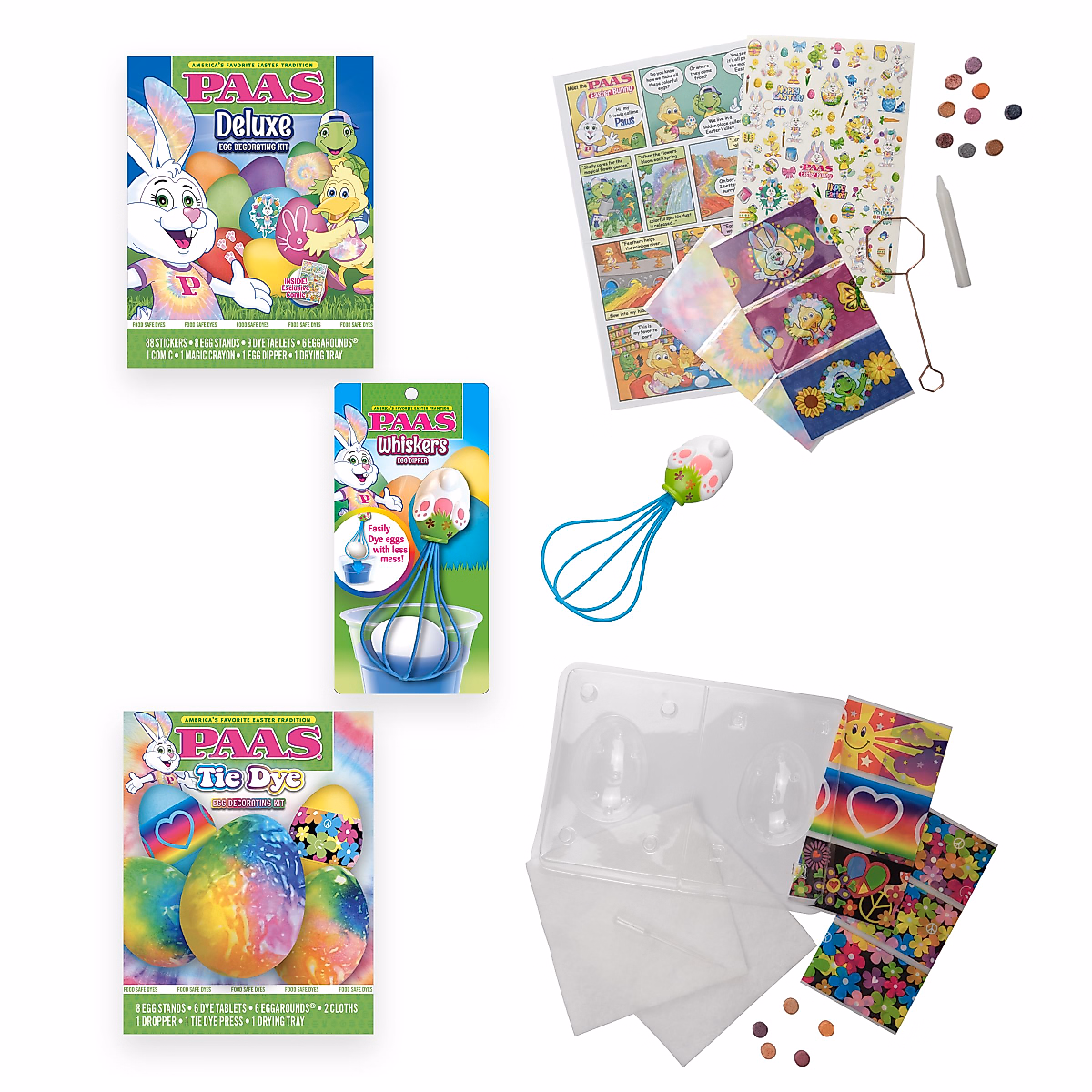 PAAS Easter Egg Decorating Bundle, Includes 1 Deluxe Kit, 1 Tie Dye Egg Dying Kit, and PAAS Whiskers for Easy Egg Dying, Food Safe Dye for Family Easter Activity (3 Piece Bundle)