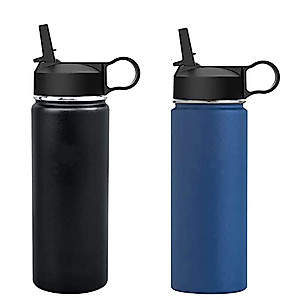 Top Souls Wide Mouth Straw Lids Compatible with Most Sports Water Bottles, 2 Lids 2 Long Straws 2 Brushes in 1 Value Pack.(Black x2)