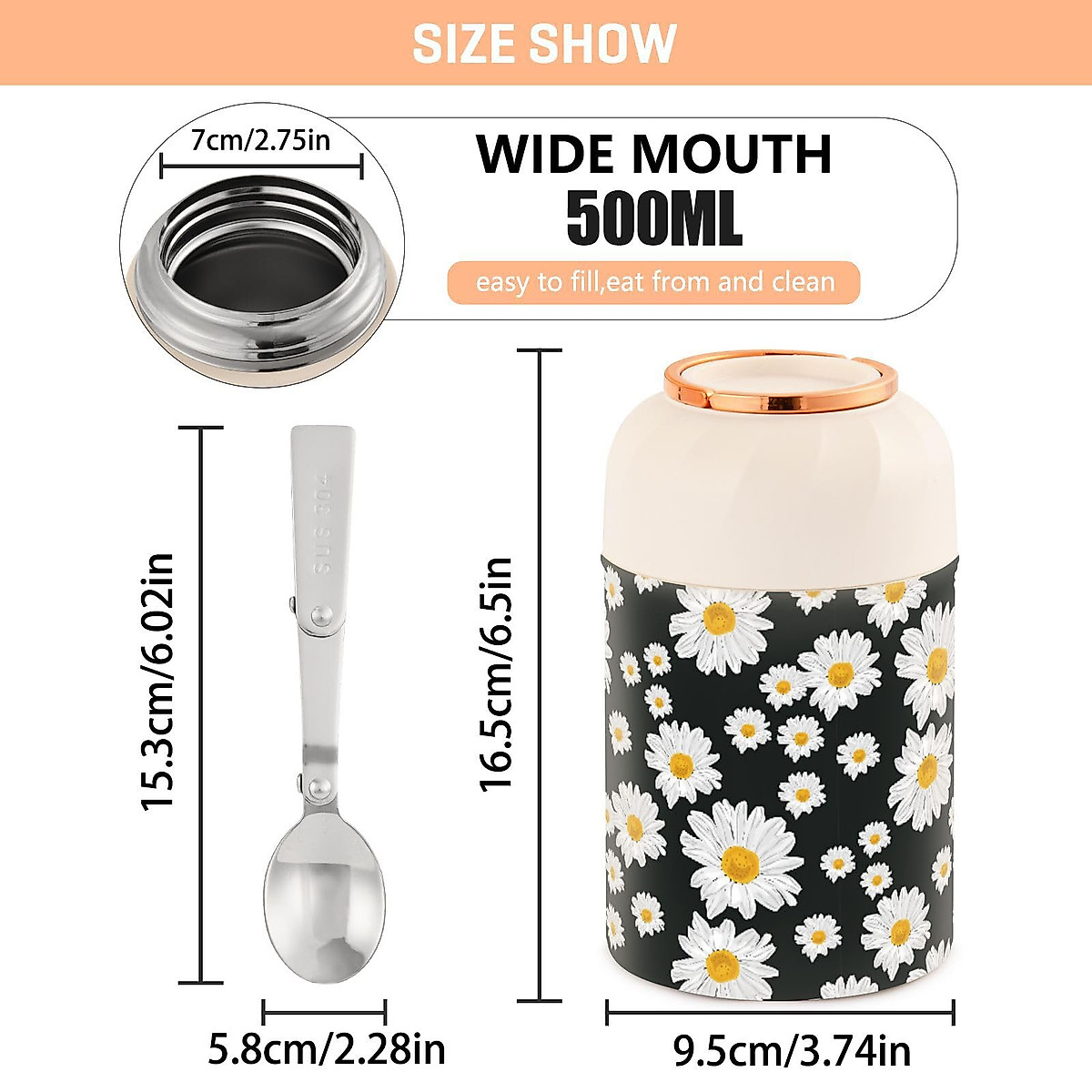 Floral Daisy Chamomile Flowers Kids Womens Lunch Insulated Jar with Spoon 17oz/500ml Insulated Lunch Box Stainless Steel Vacuum Food Warmer Lunch Containers for Hot/Cold Food