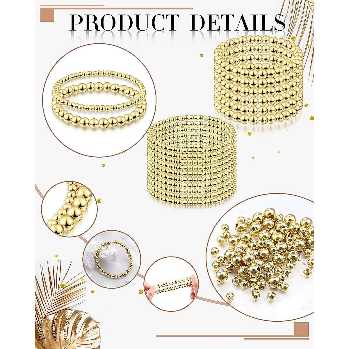 Taiyin 40 Pcs Gold Beaded Bracelet for Women Sets Gold Bead Bracelet Elastic Ball Bracelet Gold Beaded Bracelets for Women Beaded Stretch Bracelets for Friendship Jewelry Gifts, 4 mm and 6 mm