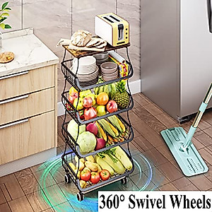 Fruit Basket for Kitchen with Wood Top 5 Tier, SAYZH Stackable Fruit and Vegetable Storage Cart, Wire Storage Basket with Wheels, Vegetable Basket Bins Rack for Onions and Potatoes, Black