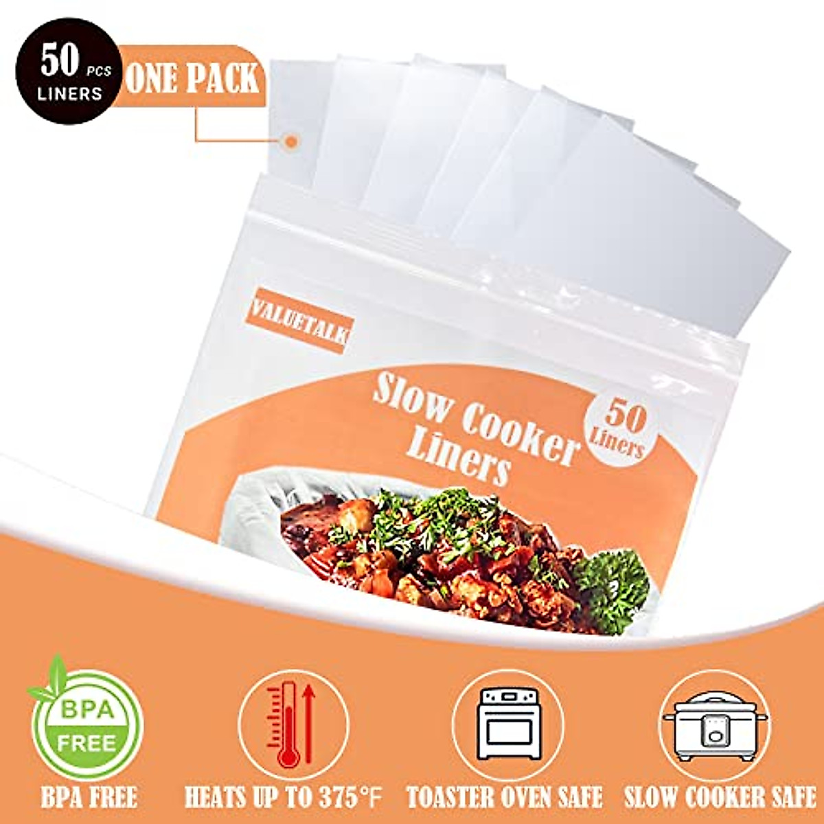 Valuetalk Slow Cooker Liners (50 Liners), 13" × 21" Crock Pot Cooking Bags, Fit 3QT to 8QT, Disposable Cooking Bags Suitable for Slow Cooker, Ovens, Oval & Round Pot, 1 Pack (50 Liners)