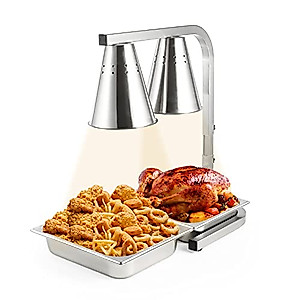 Restlrious Food Heat Lamp Freestanding Commercial Portable Food Warmer with 2 Half-Size Food Pans, Stainless Steel 120V Electric Food Heat Lamp with 2 Bulbs - 250W Each, Fan-Shaped Lampshade