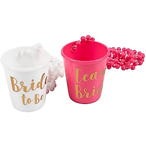 Sparkle and Bash 6-Pack Team Bride and Bride To Be Plastic Beaded Shot Glasses Necklaces - Perfect for Bachelorette, Hot Pink and White with Gold Font - 30.4 Inches Long